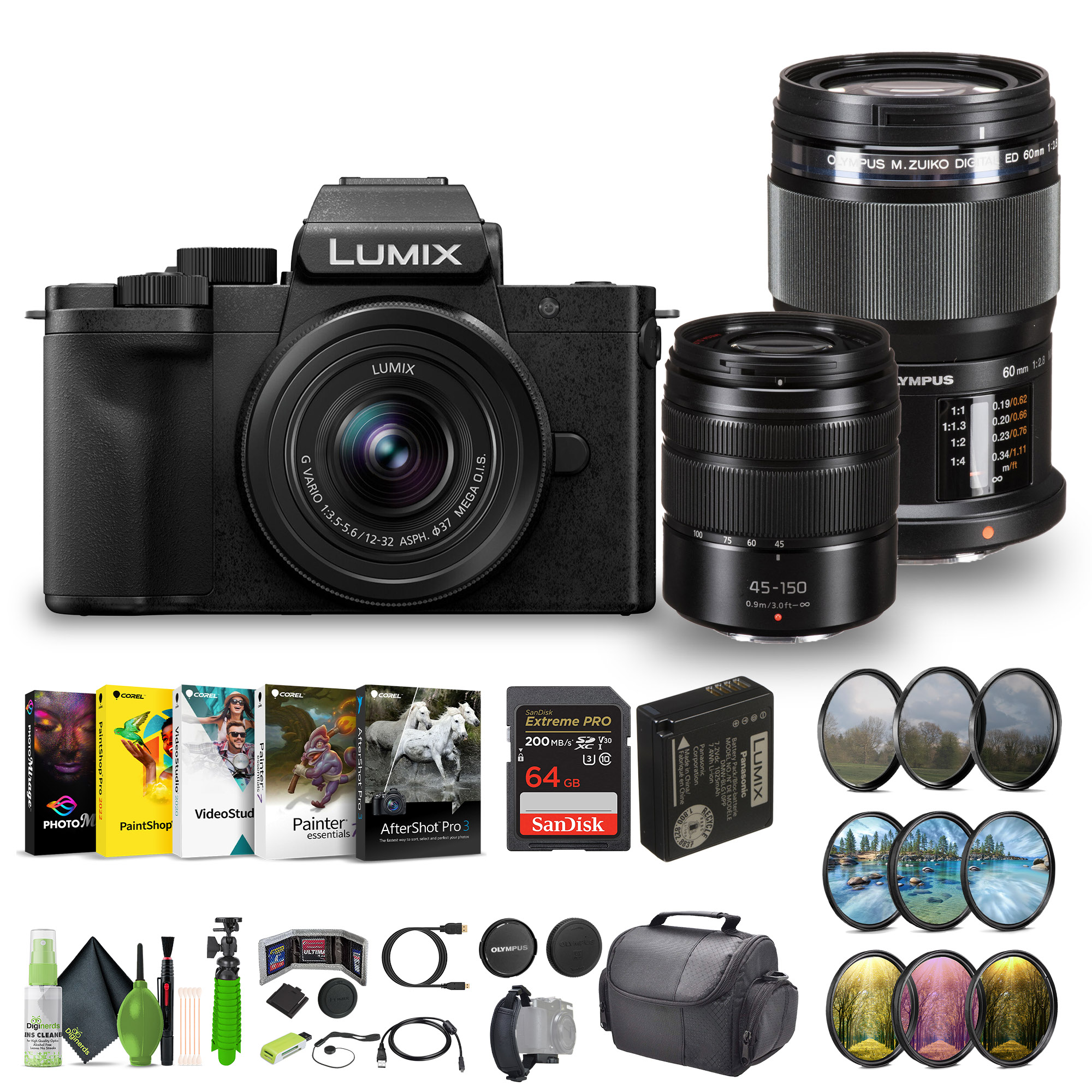 Lumix G100D 4K Mirrorless Camera M.Zuiko ED 60mm Lens+12-32mm+G Vario ...